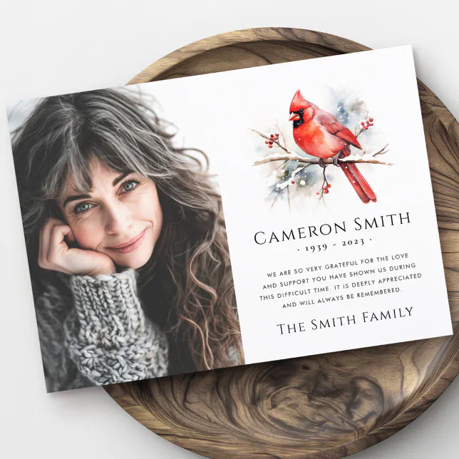 Red watercolor cardinal funeral sympathy photo thank you card | Zazzle