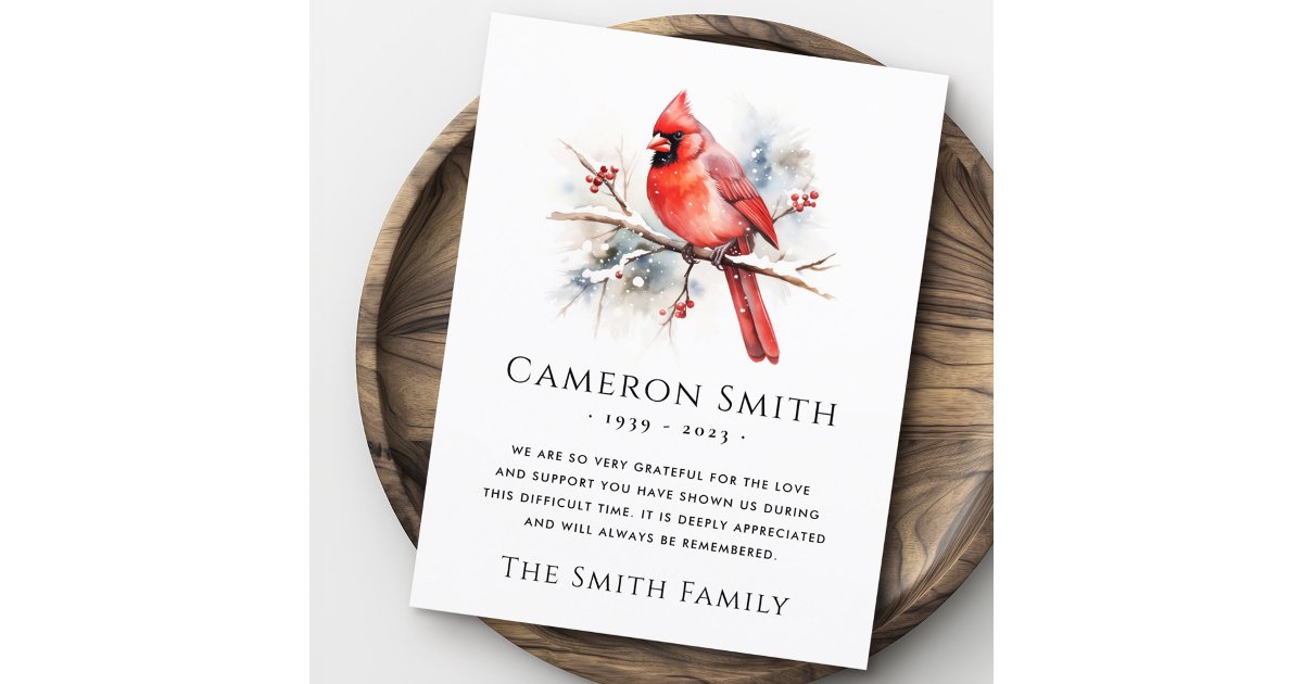 Red watercolor cardinal funeral sympathy thank you card | Zazzle
