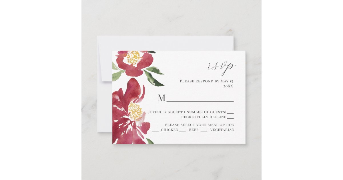 Red Watercolor Peonies Wedding Invitation RSVP | Zazzle