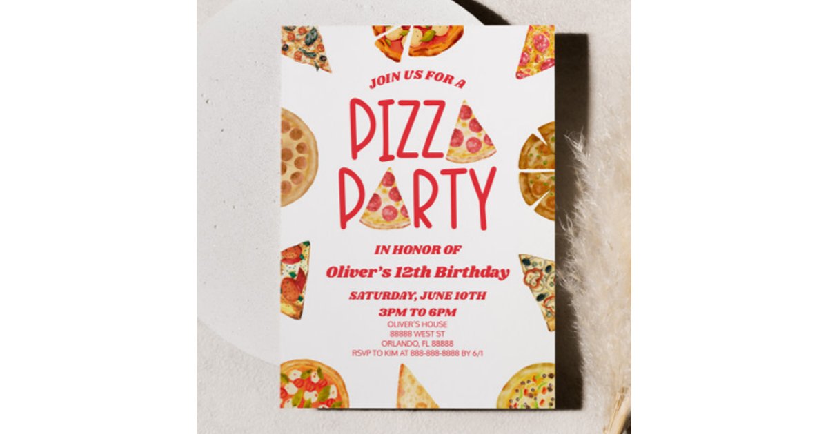 Red Watercolor Pizza Party Birthday Party Invitation | Zazzle