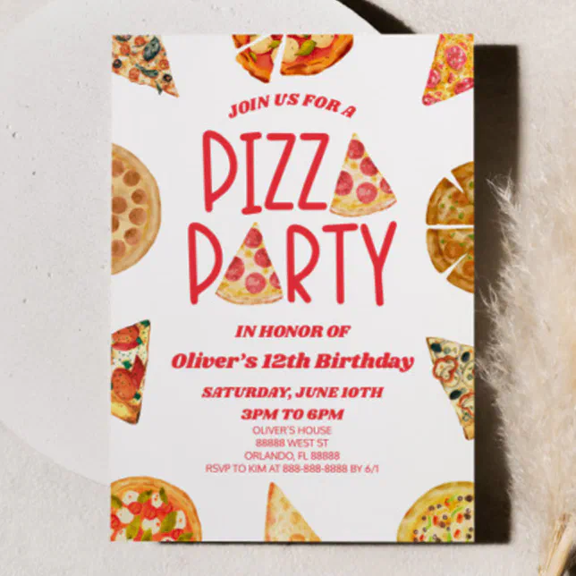 Red Watercolor Pizza Party Birthday Party Invitation | Zazzle