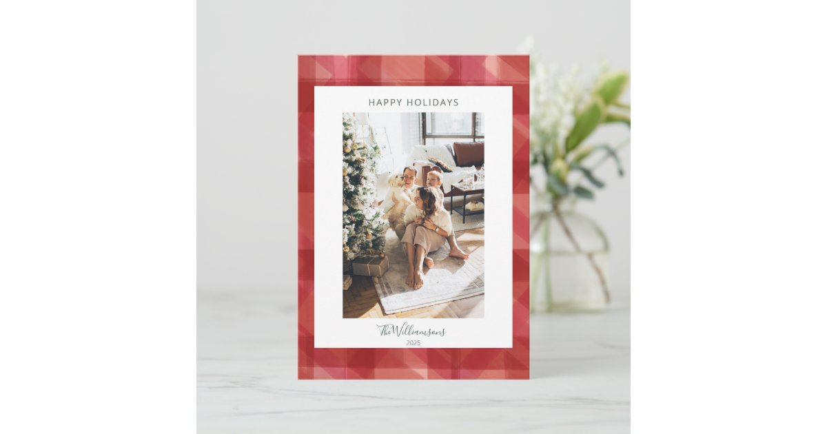 Red Watercolor Plaid Rustic Photo Christmas Holiday Card | Zazzle