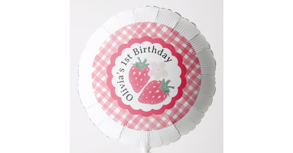 Red Watercolor Plaid Strawberry 1st Birthday Balloon | Zazzle