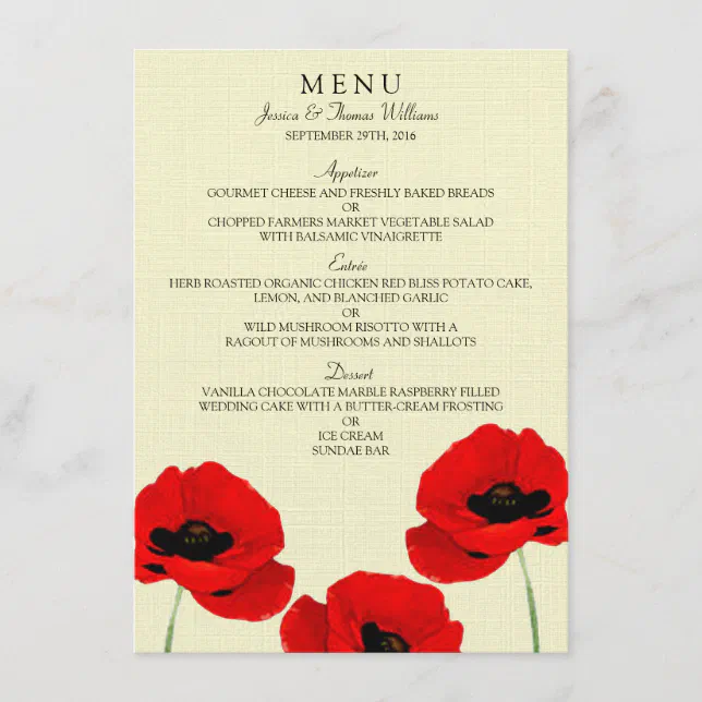 Red Watercolor Poppies Floral Wedding Collection Menu | Zazzle