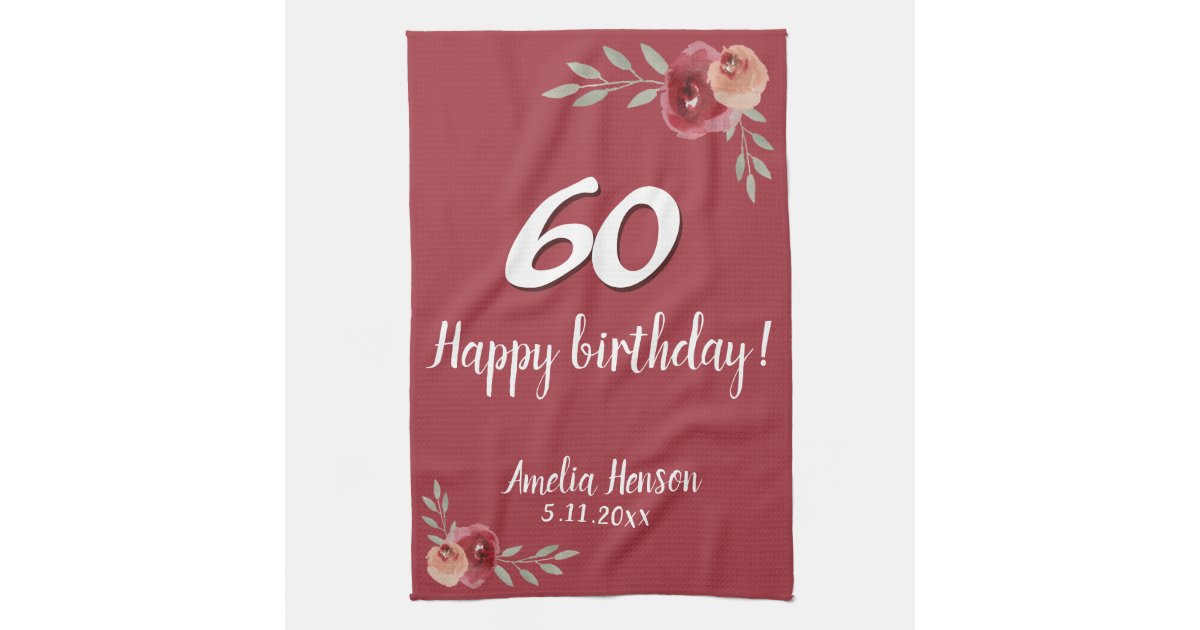 Red Watercolor Rose Floral 60th Birthday Kitchen Towel | Zazzle