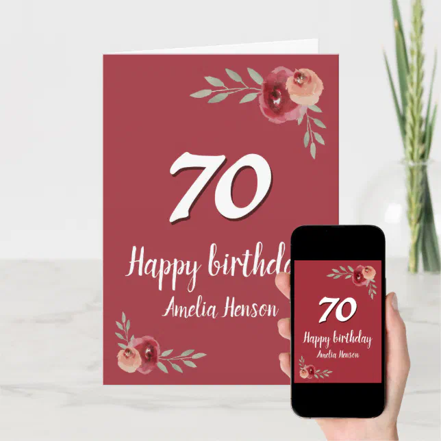 Red Watercolor Rose Floral 70th Birthday Card | Zazzle