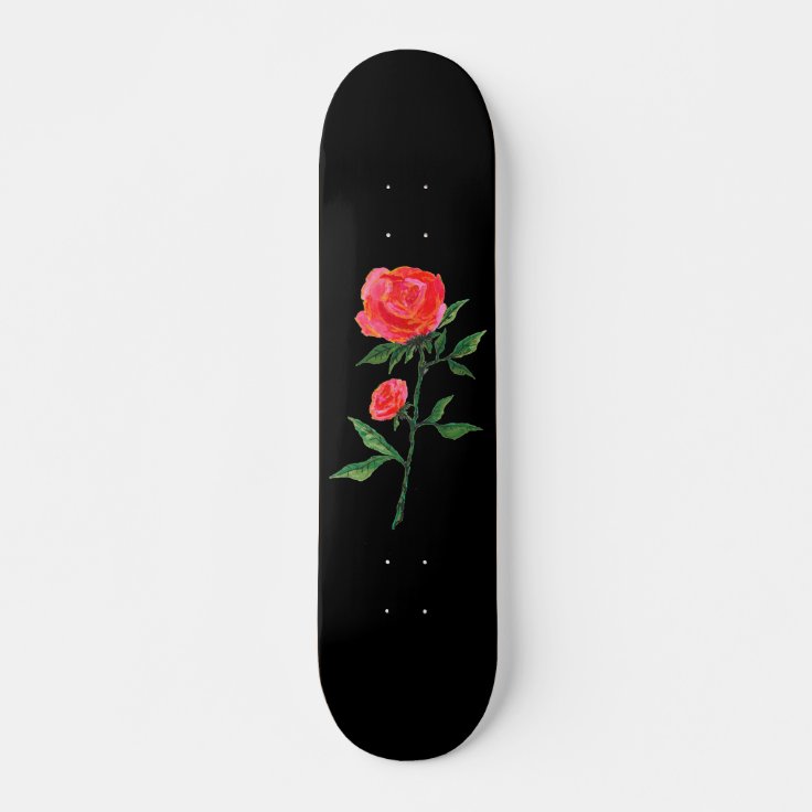 Red Watercolor Rose on Black Skateboard | Zazzle
