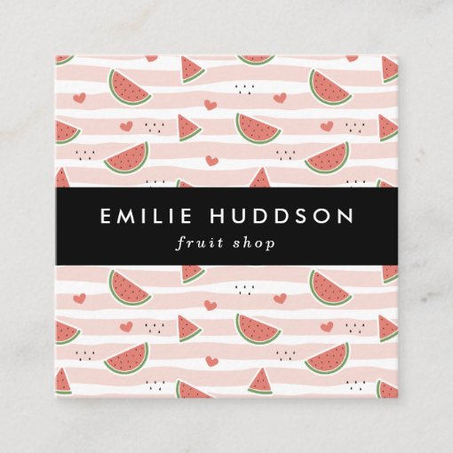 Red Watermelons, Hearts, Stripes, Your Name Square Business Card | Zazzle