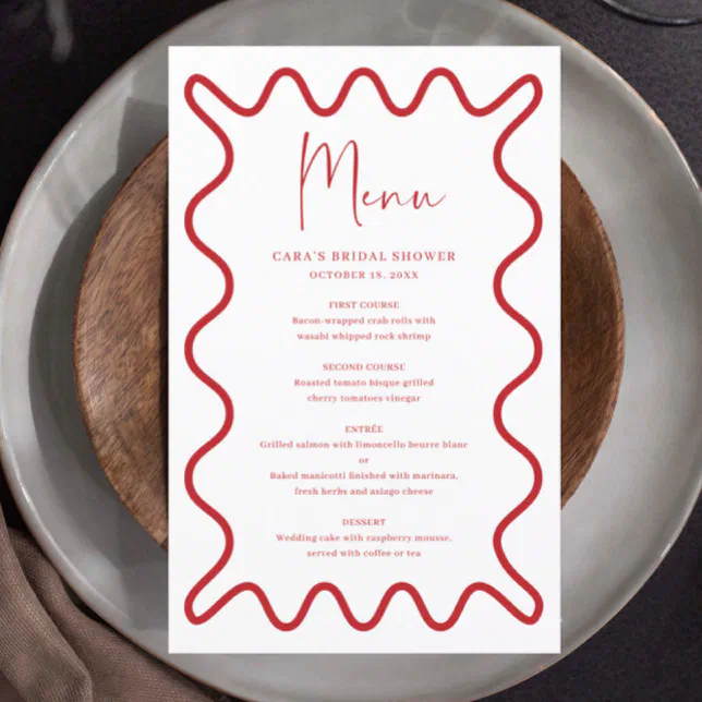 Red Wavy Border menu card with name | Zazzle