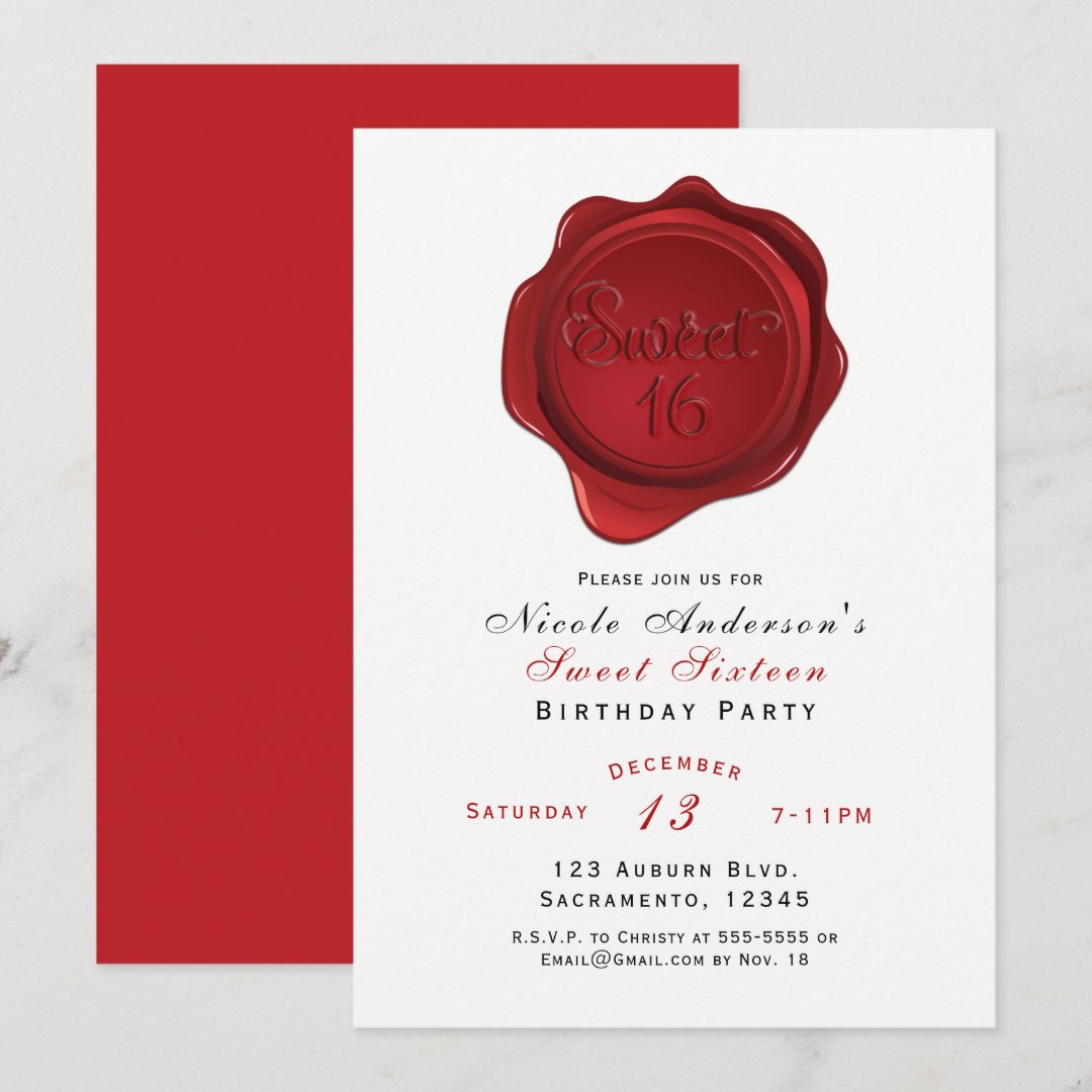 Red Wax Seal Sweet 16 Elegant Birthday Party Invitation | Zazzle