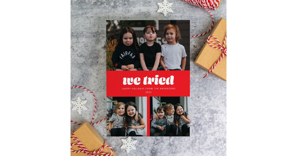 Red We Tried Funny Multiple Photo Christmas Holiday Card | Zazzle
