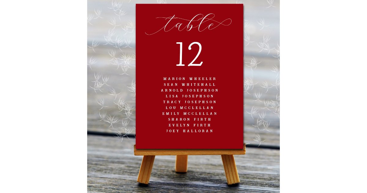 Red Wedding Guest Names List Table Number Cards | Zazzle