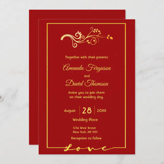 Red wedding invitation card with faux gold decor | Zazzle