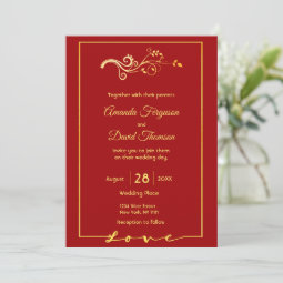 Red wedding invitation card with faux gold decor | Zazzle