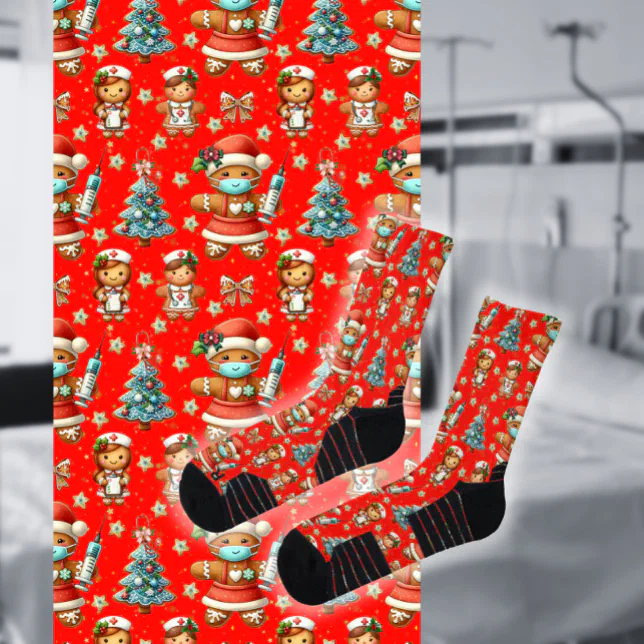 Red Whimsical Christmas Gingerbread Girl Nurse Socks | Zazzle