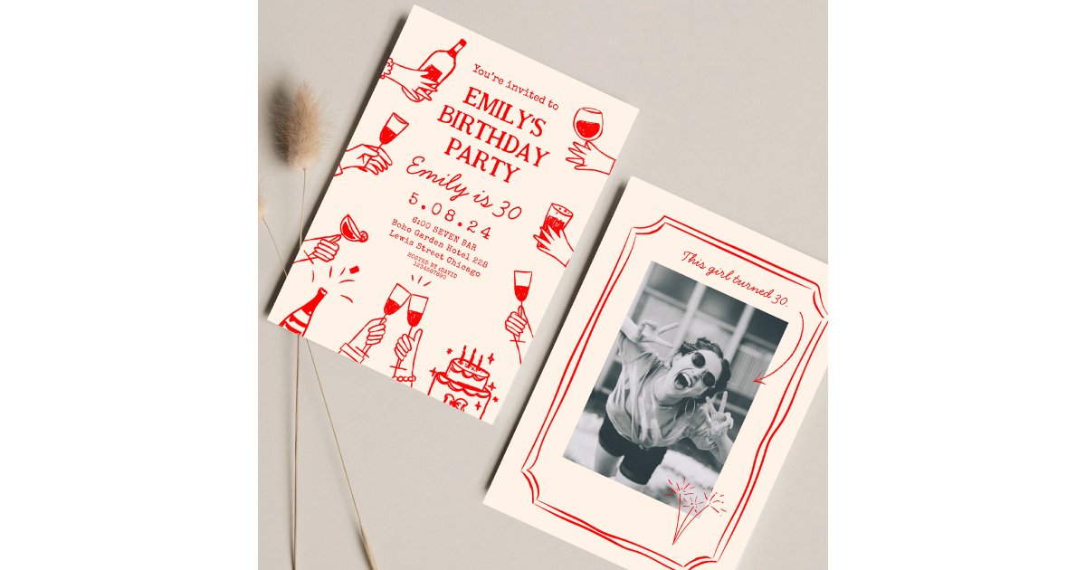 Red Whimsical Funky Quirky Drawing 30 th Birthday Invitation | Zazzle