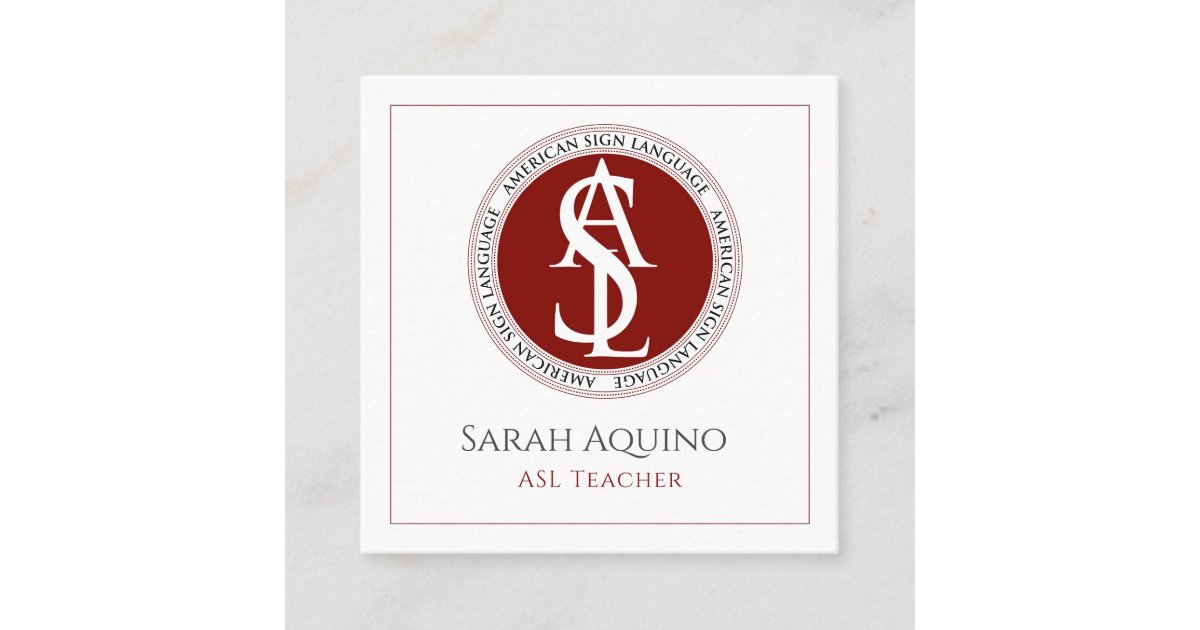 Red & White American Sign Language ASL Logo Square Business Card | Zazzle