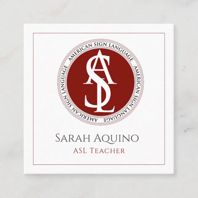 Red & White American Sign Language ASL Logo Square Business Card | Zazzle