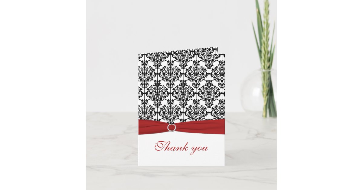 Red, White and Black Damask Thank You Card | Zazzle