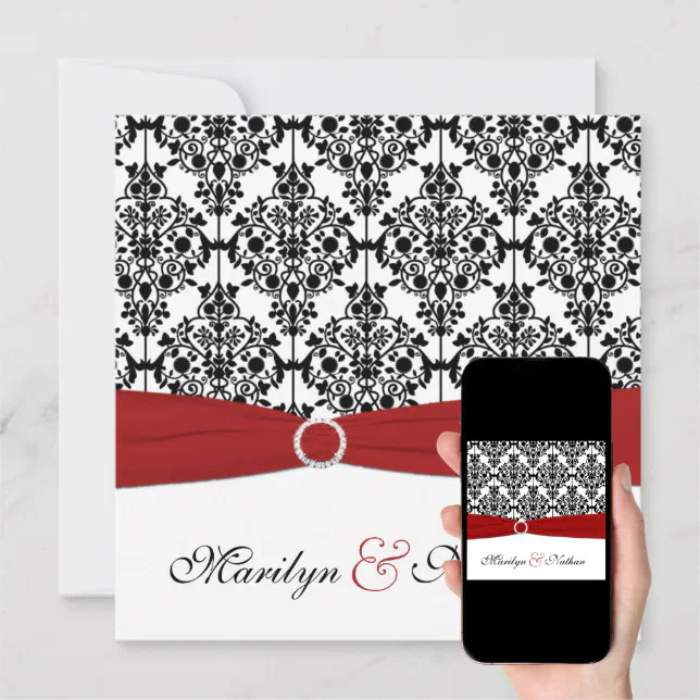Red, White, and Black Damask Wedding Invitation | Zazzle