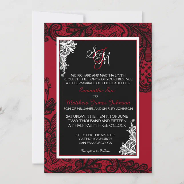 Red White and Black Lace Wedding Invitation Card | Zazzle