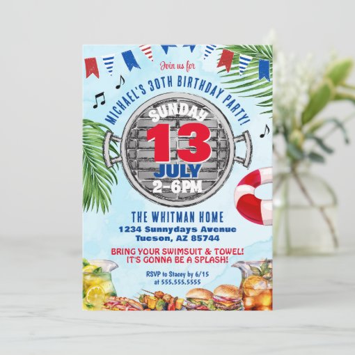 Red White and Blue 30th Birthday BBQ Pool Party Invitation | Zazzle