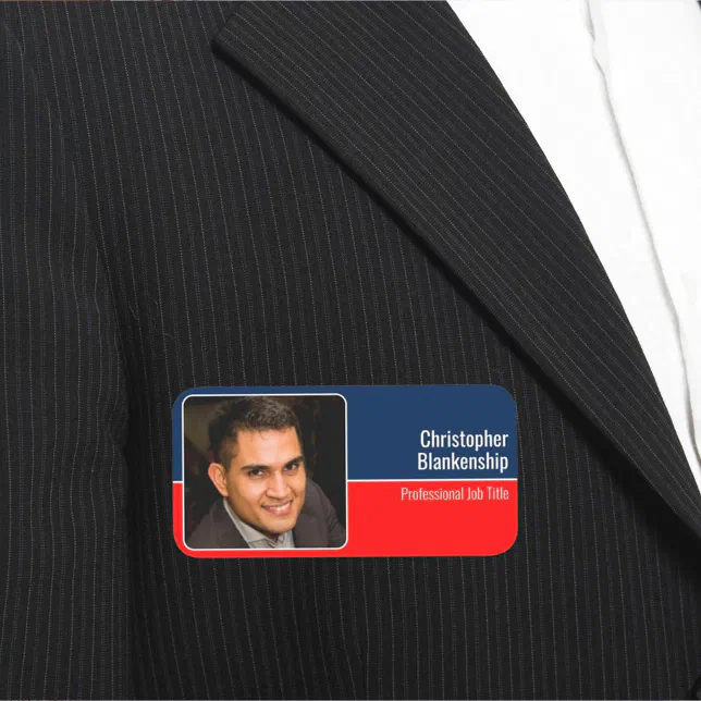 Red White and Blue Background Custom Photo Name Tag | Zazzle