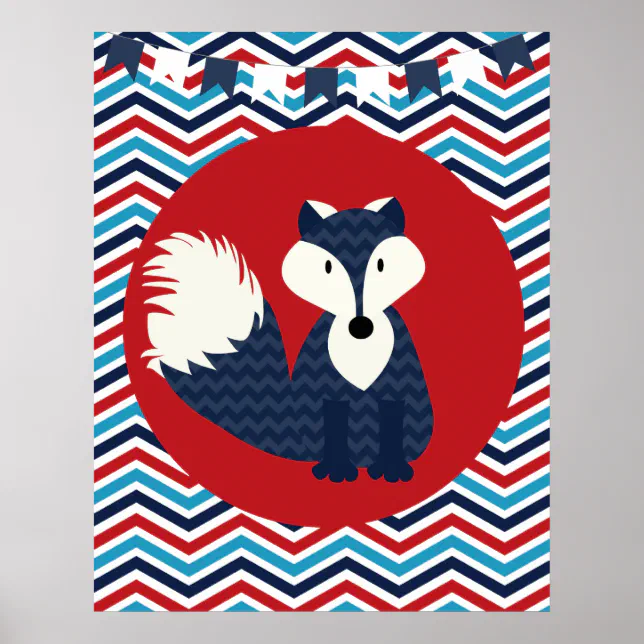 Red, White, and Blue Chevron Fox Nursery Poster | Zazzle