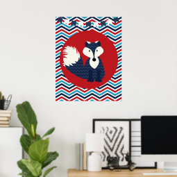 Red, White, and Blue Chevron Fox Nursery Poster | Zazzle