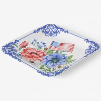 Red, White and Blue Floral American Flag Paper Plates | Zazzle