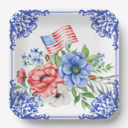 Red, White and Blue Floral American Flag Paper Plates | Zazzle
