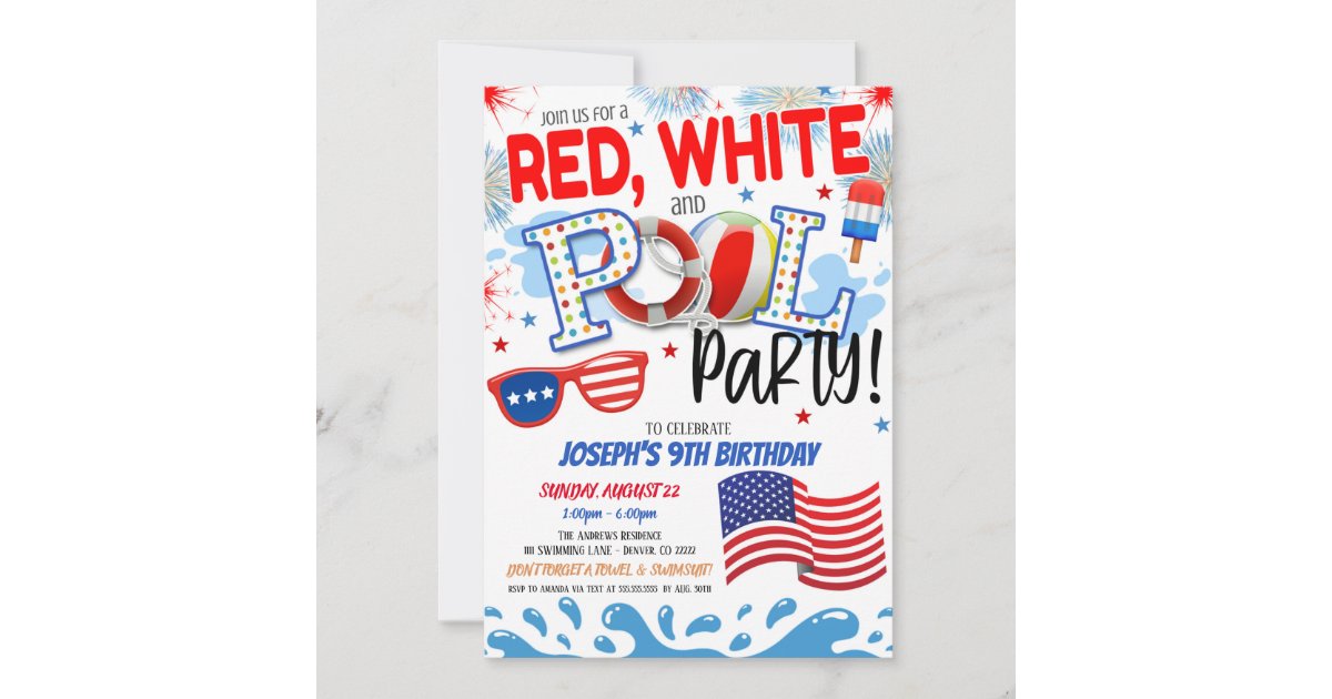 Red White and Blue Pool Party Invite | Zazzle
