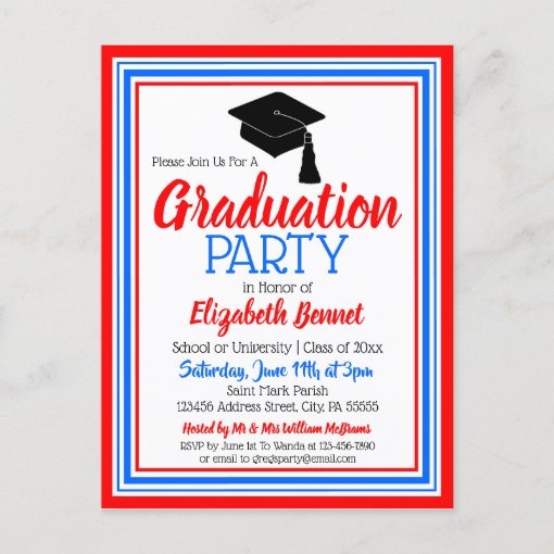 Red White and Blue School Colors Grad Party Invitation Postcard | Zazzle