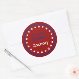 Red White and Blue Stars Happy Birthday Classic Round Sticker | Zazzle