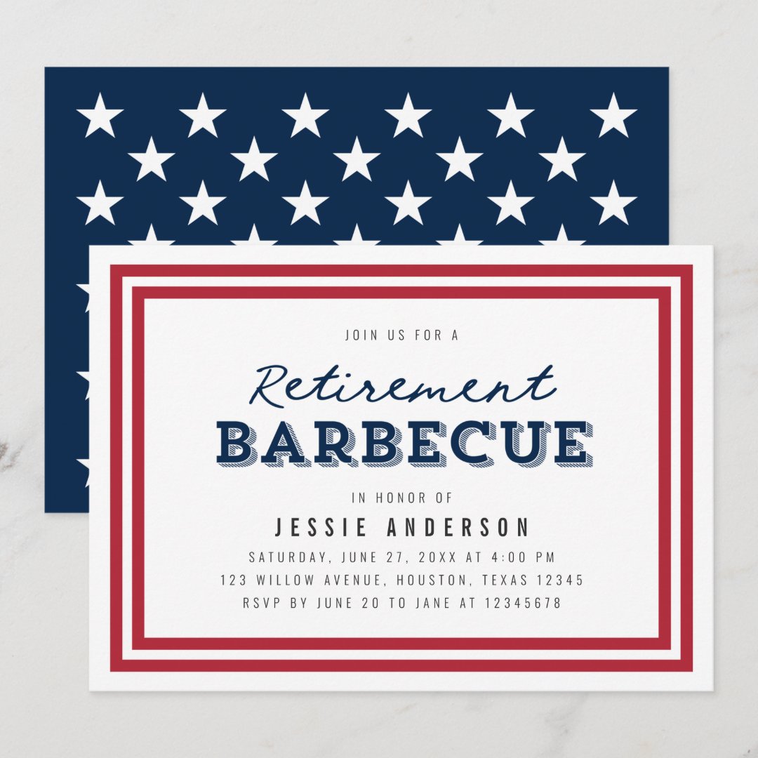 Red White and Blue Stars Retirement Barbecue Invitation | Zazzle