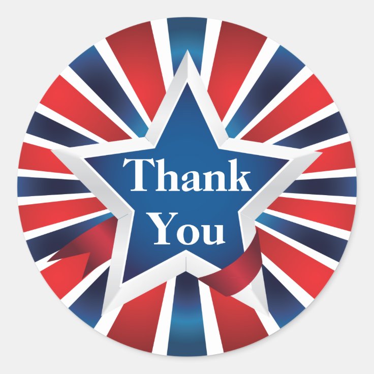 Red White and Blue Sunburst Thank You Classic Round Sticker | Zazzle