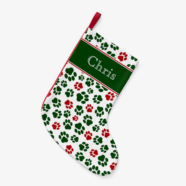Red, White, and Green Paw Print Stocking | Zazzle