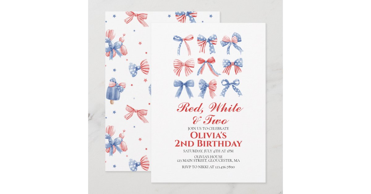 Red, White and Two Bows 4th of July 2nd birthday Invitation | Zazzle
