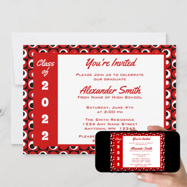 Red White Black Square Dot Border Graduation Party Invitation | Zazzle