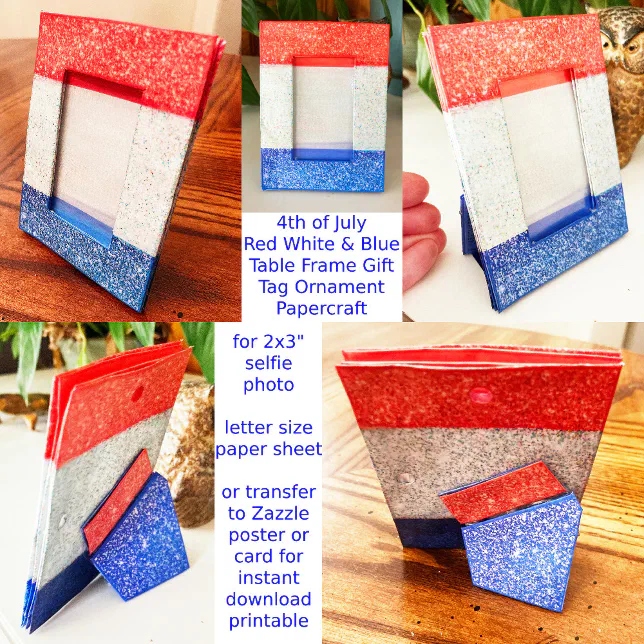 Red White & Blue Faux Glitter Selfie Frame Craft | Zazzle