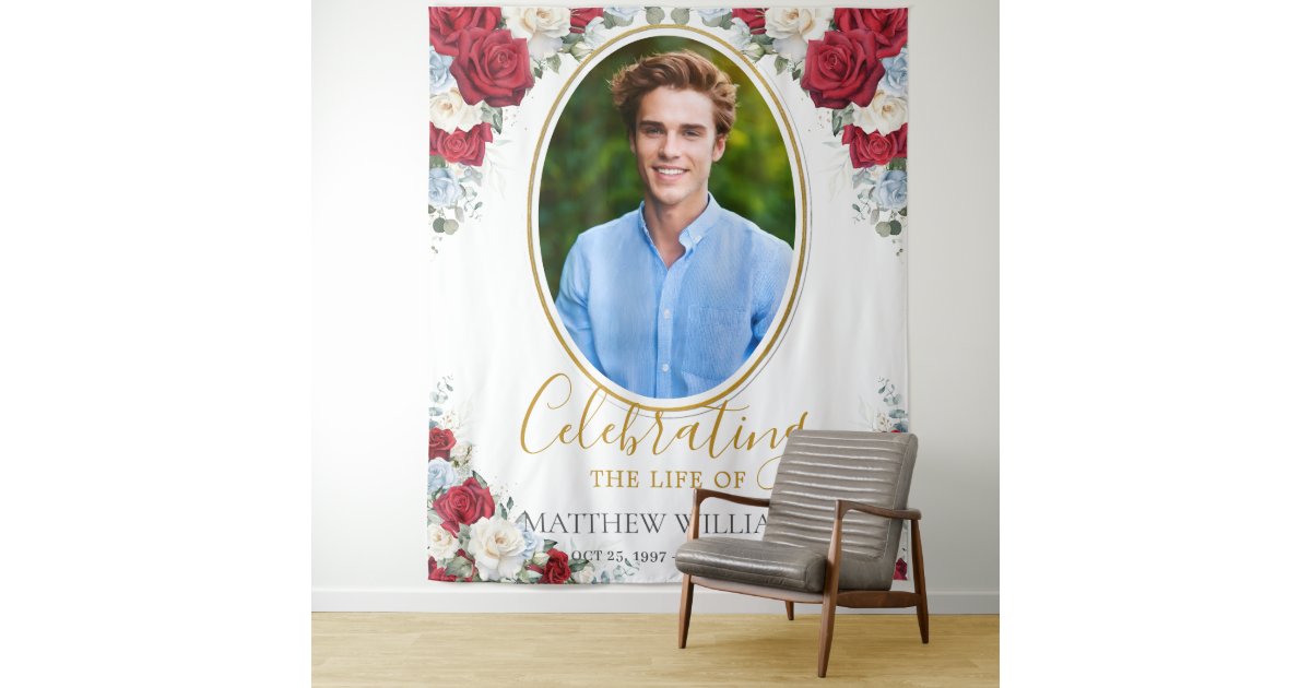 Red White Blue Floral Picture Funeral Memorial Tapestry | Zazzle