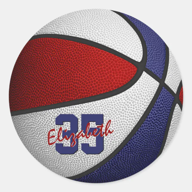 red white blue girls boys basketball team colors classic round sticker ...