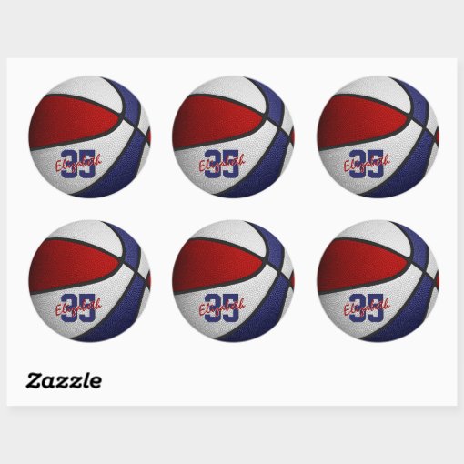 red white blue girls boys basketball team colors classic round sticker ...