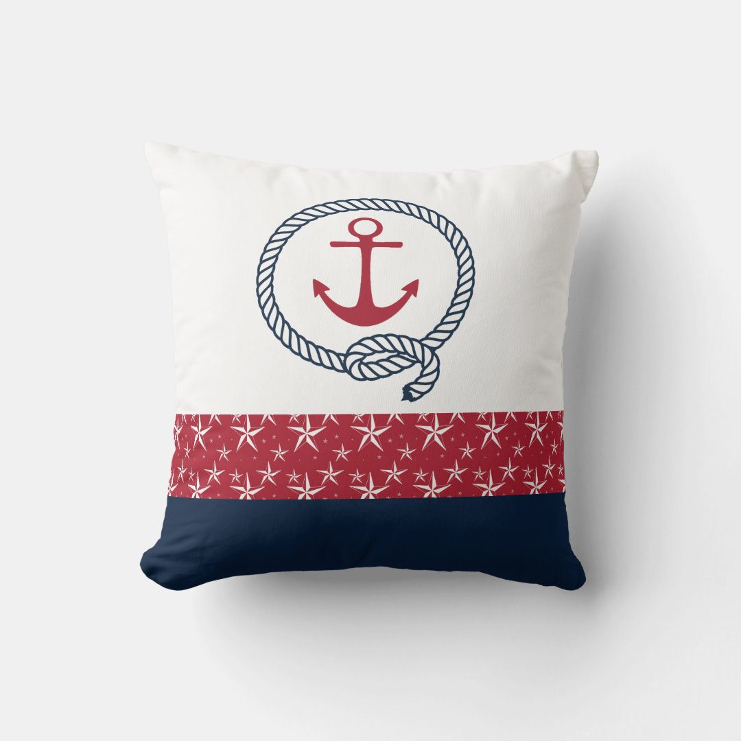 Red White Blue Nautical Throw Pillow with Anchor | Zazzle