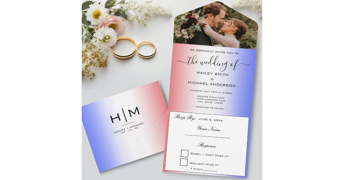 Red White & Blue Ombre Modern Photo Wedding All In One Invitation | Zazzle