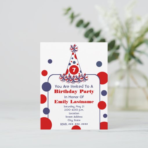 Red White & Blue Polka Dot Birthday Party Hat Invitation | Zazzle