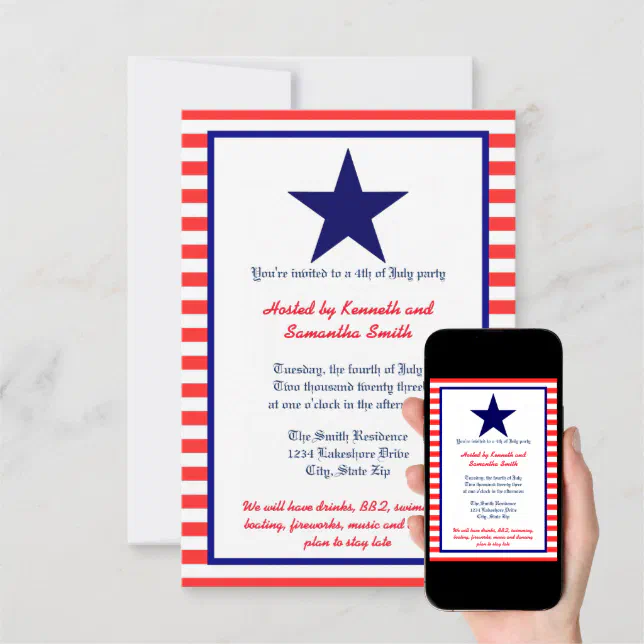 Red White & Blue Star - 3x5 Party Invitation | Zazzle