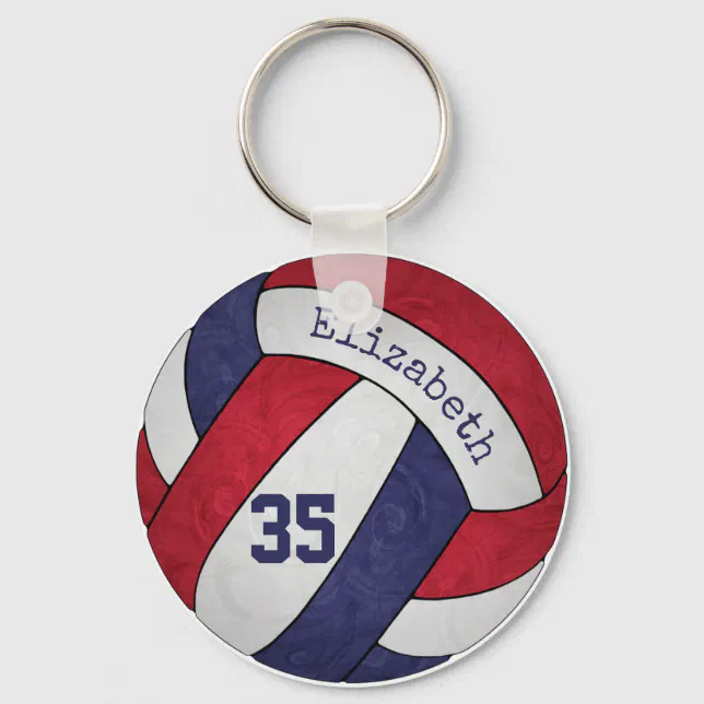 red white blue volleyball keychain w name number | Zazzle