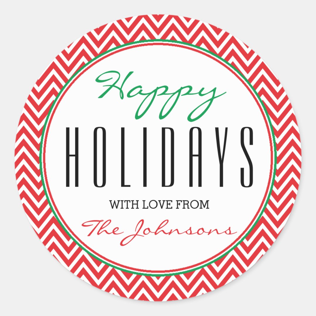 Red & White Chevron "Happy Holidays" Xmas Classic Round Sticker | Zazzle