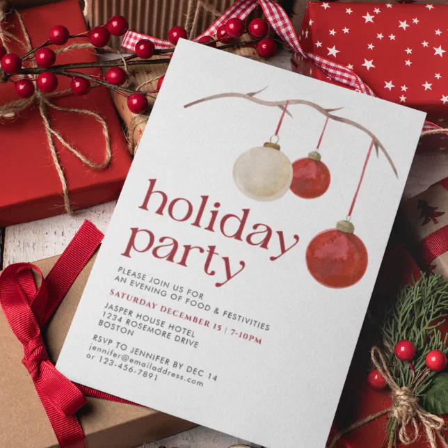 Red White Christmas Balls Holiday Party Invitation | Zazzle